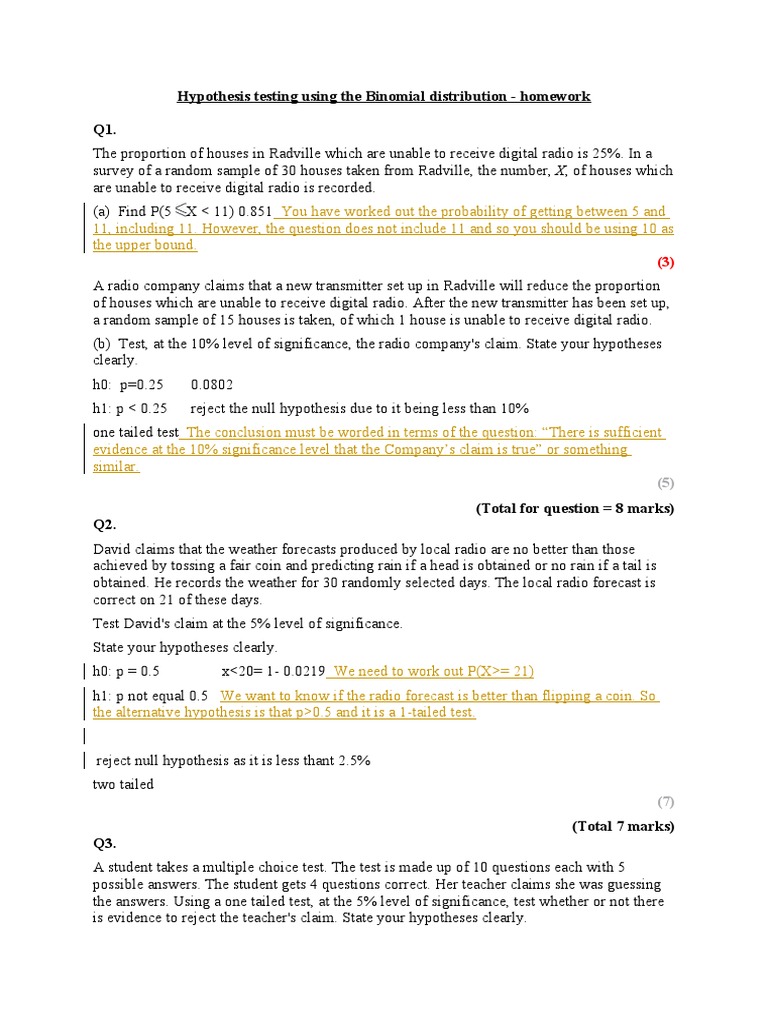 03 Hypothesis Testing Using The Binomial Distribution Homework Pdf 4156