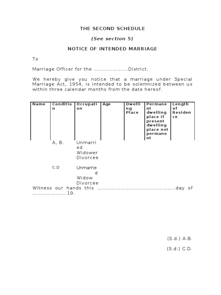 Notice of Intended Marriage and Declarations for Registration Under the ...