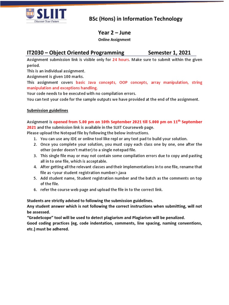 Online Assignement 2021 - IT2030 - June Intake | PDF | Object Oriented Programming | Java ...