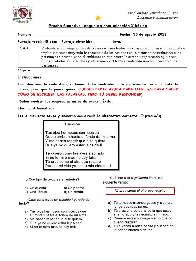 Prueba 3º Comprensión, Sustantivos y Adjetivos ADECUADA | PDF