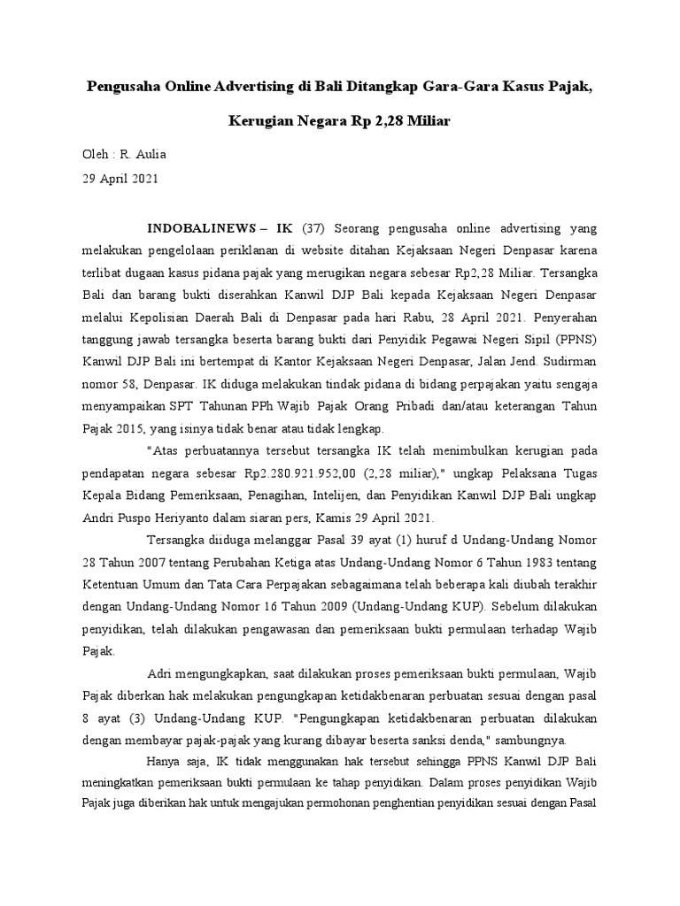 Pengusaha Online Advertising Di Bali Ditangkap Gara-Gara Kasus Pajak, Kerugian Negara RP 2,28 ...