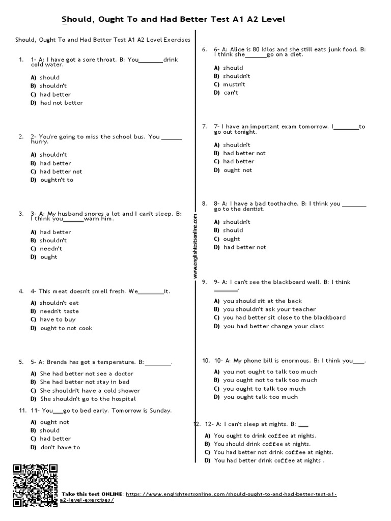 Should Ought To and Had Better Test | PDF