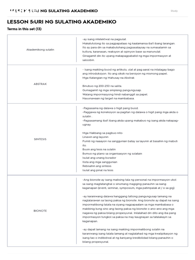 LESSON 5 - URI NG SULATING AKADEMIKO Flashcards Quizlet | PDF