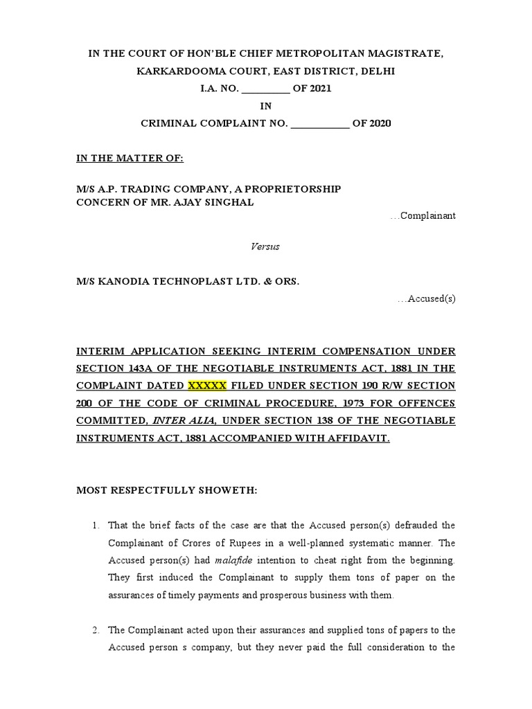 Interim Application Under Section 143A | PDF | Criminal Procedure In ...
