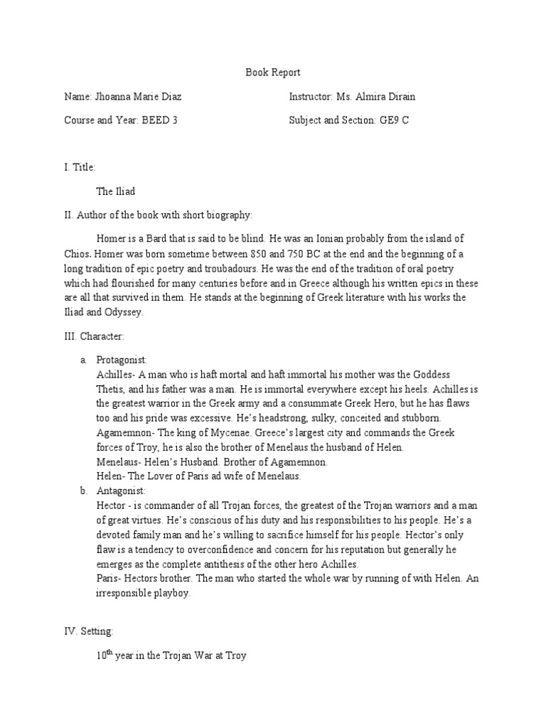 "The Iliad" Book Report Analysis | PDF | Trojan War | Hector