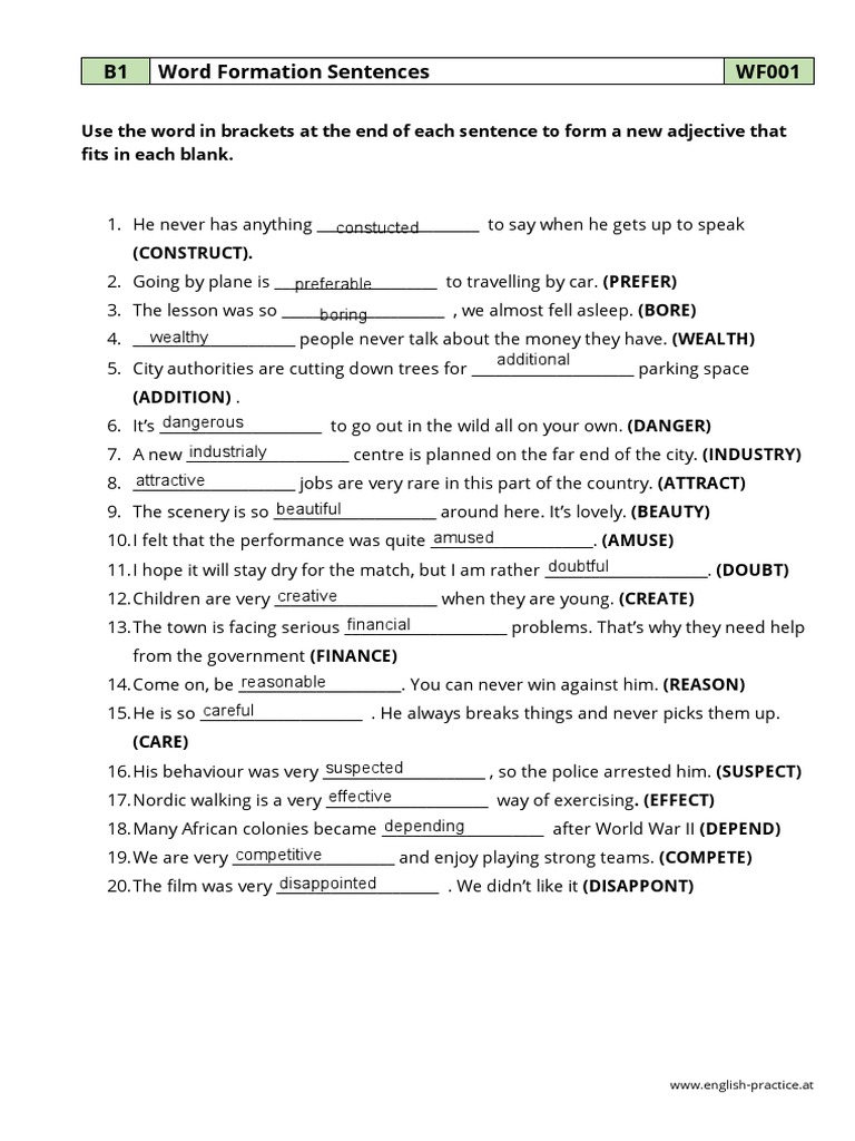 B1 Word Formation Sentences WF001 | PDF
