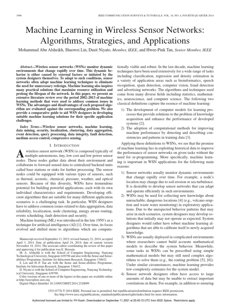Machine Learning in Wireless Sensor Networks: Algorithms, Strategies ...