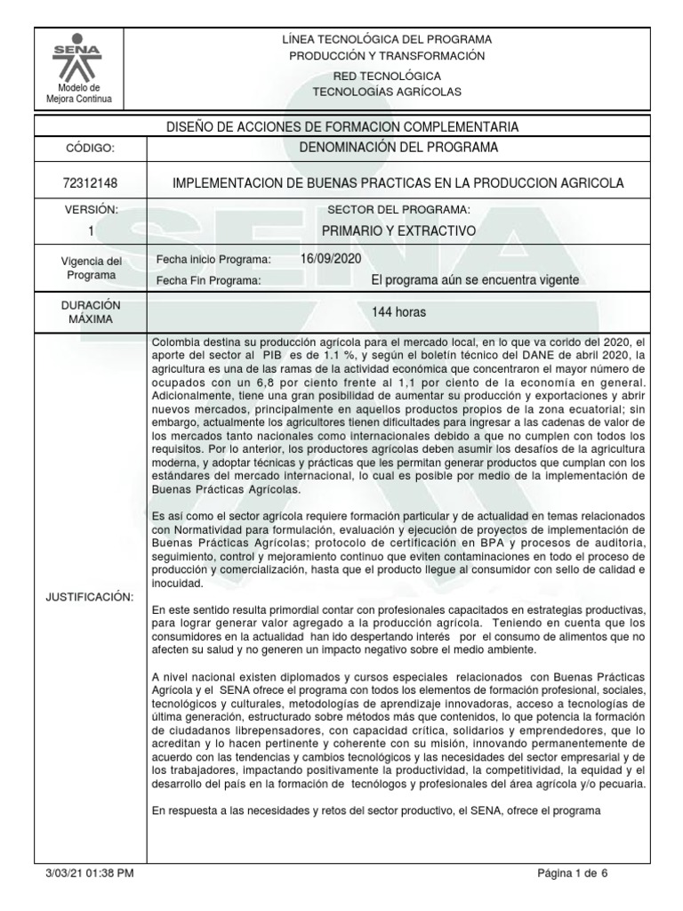 Informe Programa de Formación Complementaria - BPA | PDF | Evaluación | Agricultura