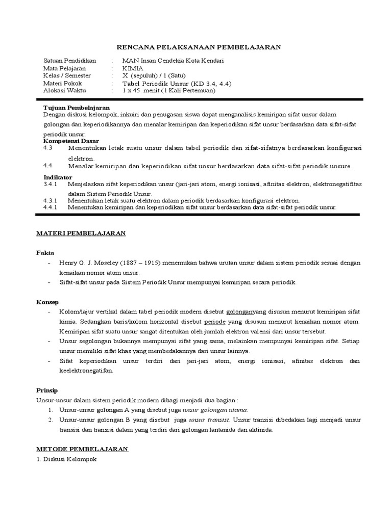 Tabel Periodik Unsur (KD 3.4, 4.4) : Rencana Pelaksanaan Pembelajaran | PDF