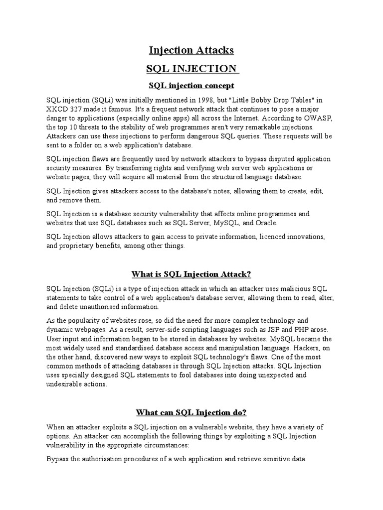Injection Attacks SQL Injection | PDF | Databases | Sql