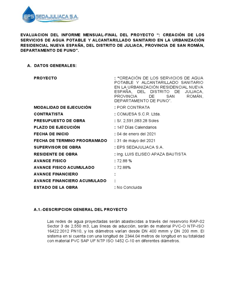Informe Mensual de Proyecto de Agua Juliaca | PDF | Saneamiento | Agua