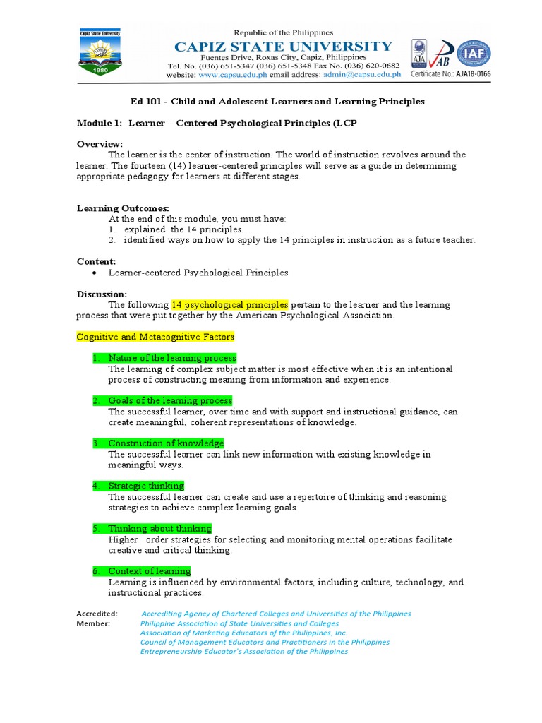 Ed 101 - Child and Adolescent Learners and Learning Principles Module 1: Learner - Centered ...