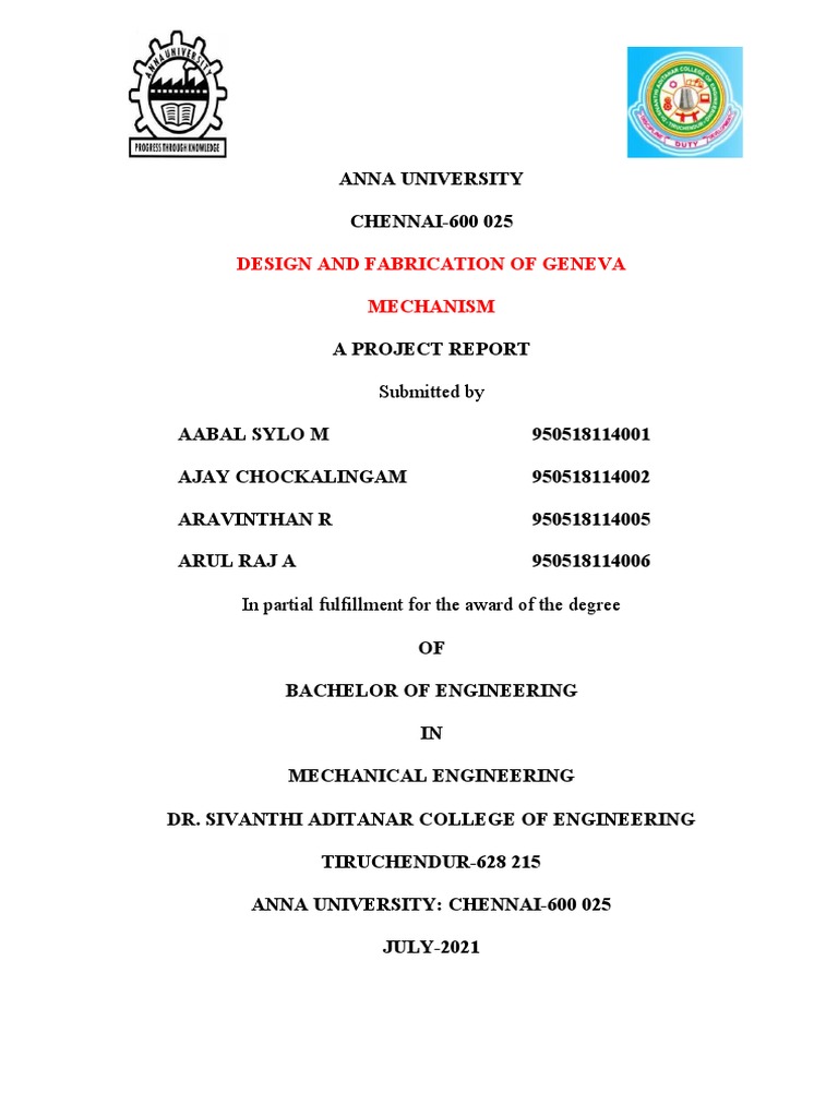 Geneva Mechanism - Mini Project | PDF | Mechanical Engineering | Mechanics