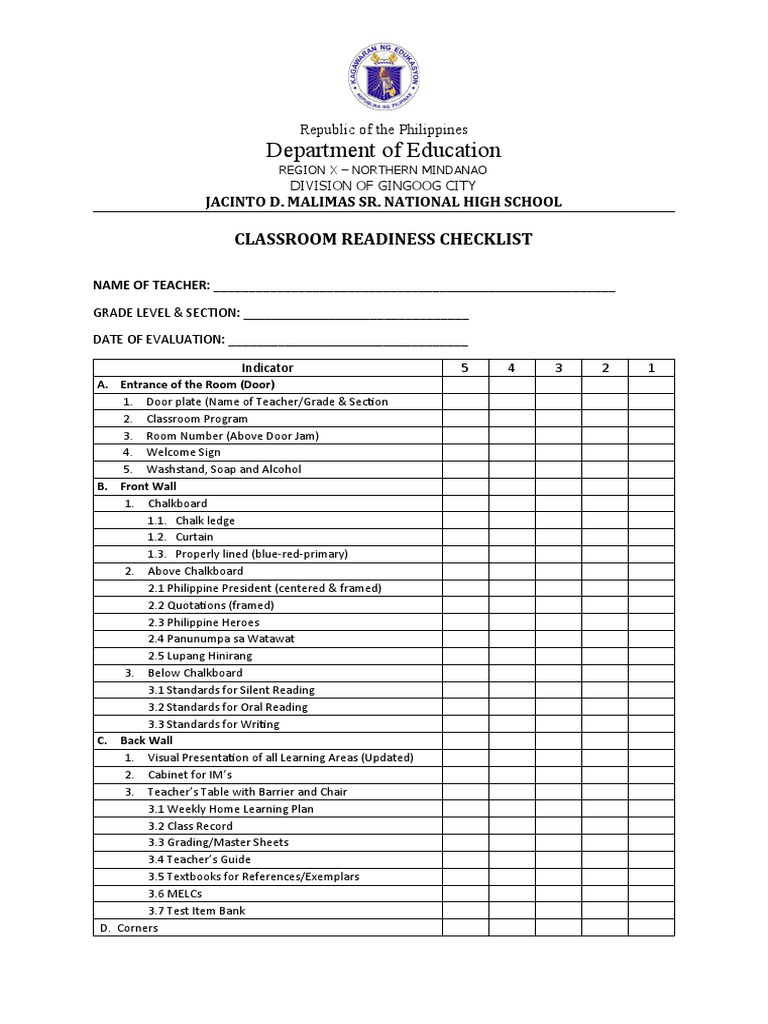 Department of Education: Classroom Readiness Checklist | PDF | Classroom