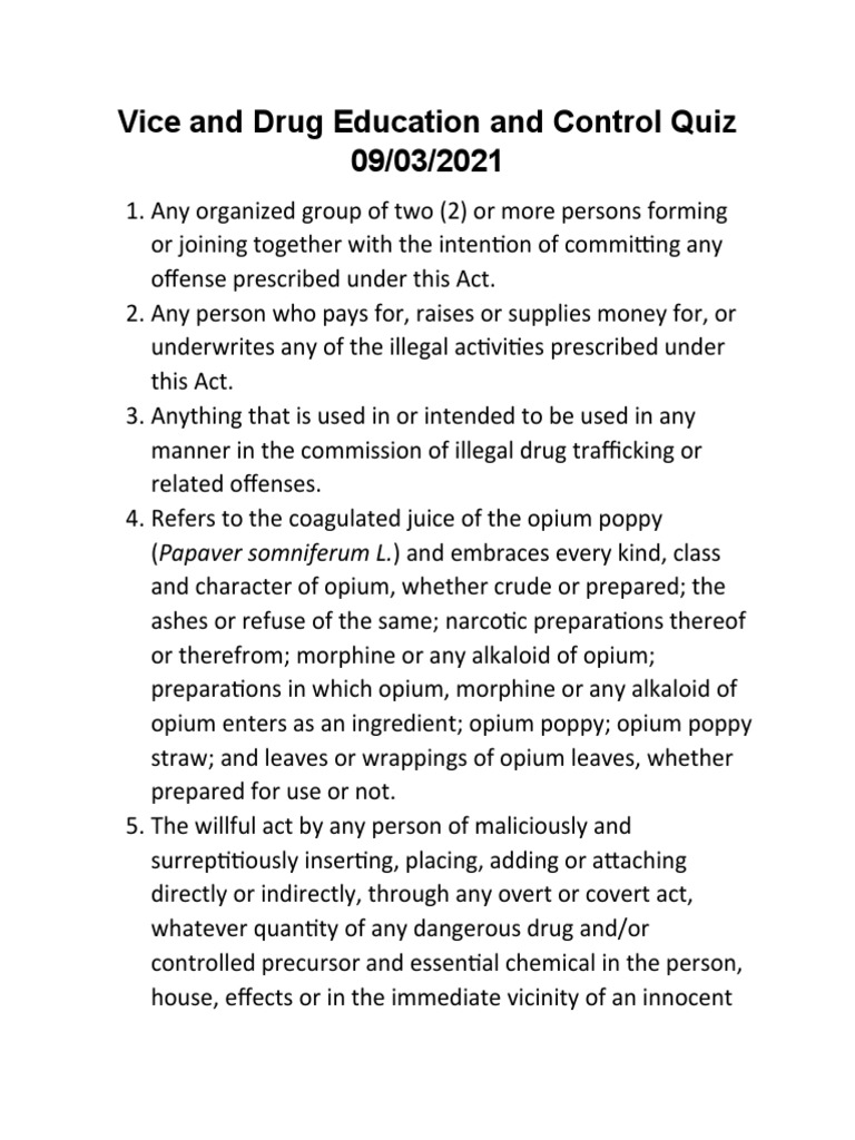 Vice and Drug Education and Control Quiz 09032021section1 | PDF ...