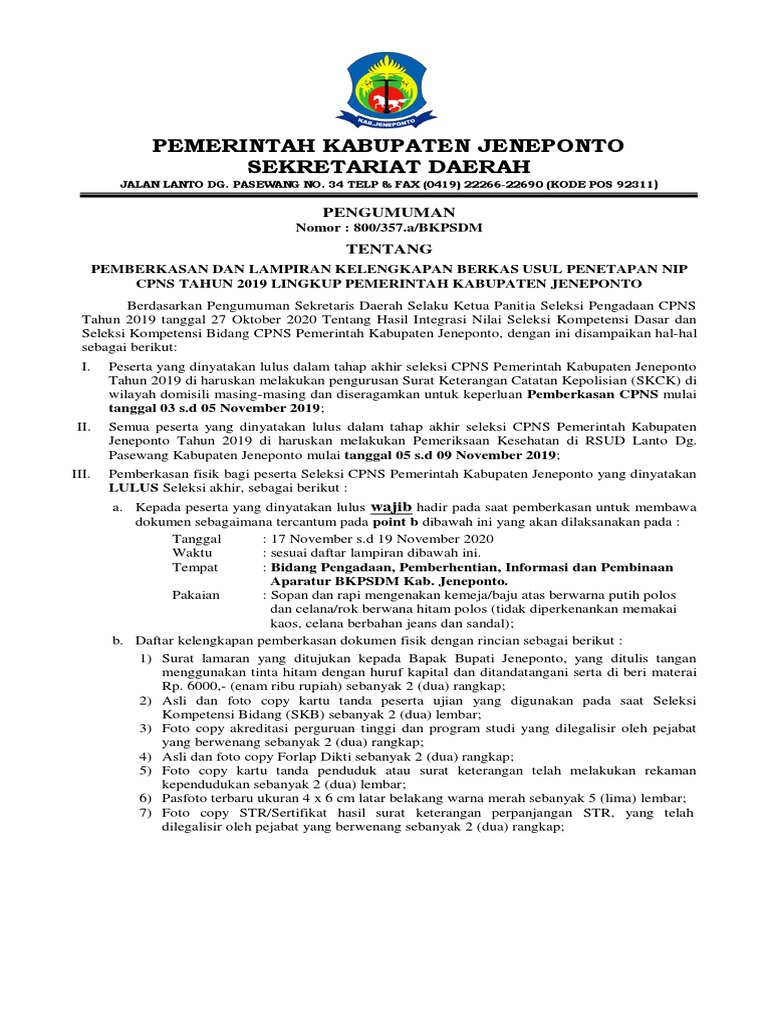 Pengumuman Pemberkasan Fisik Dan Kelengkapan Berkas Usul Nip Cpns | PDF