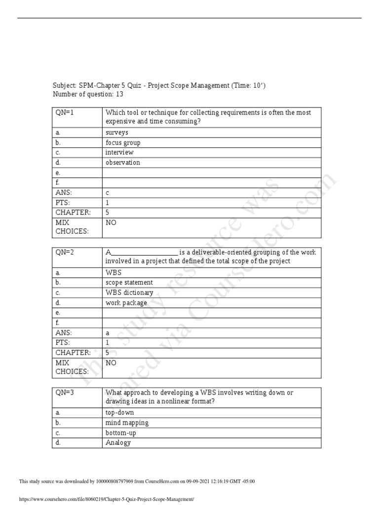 Chapter 5 Quiz Project Scope Management | PDF | Project Management | Business