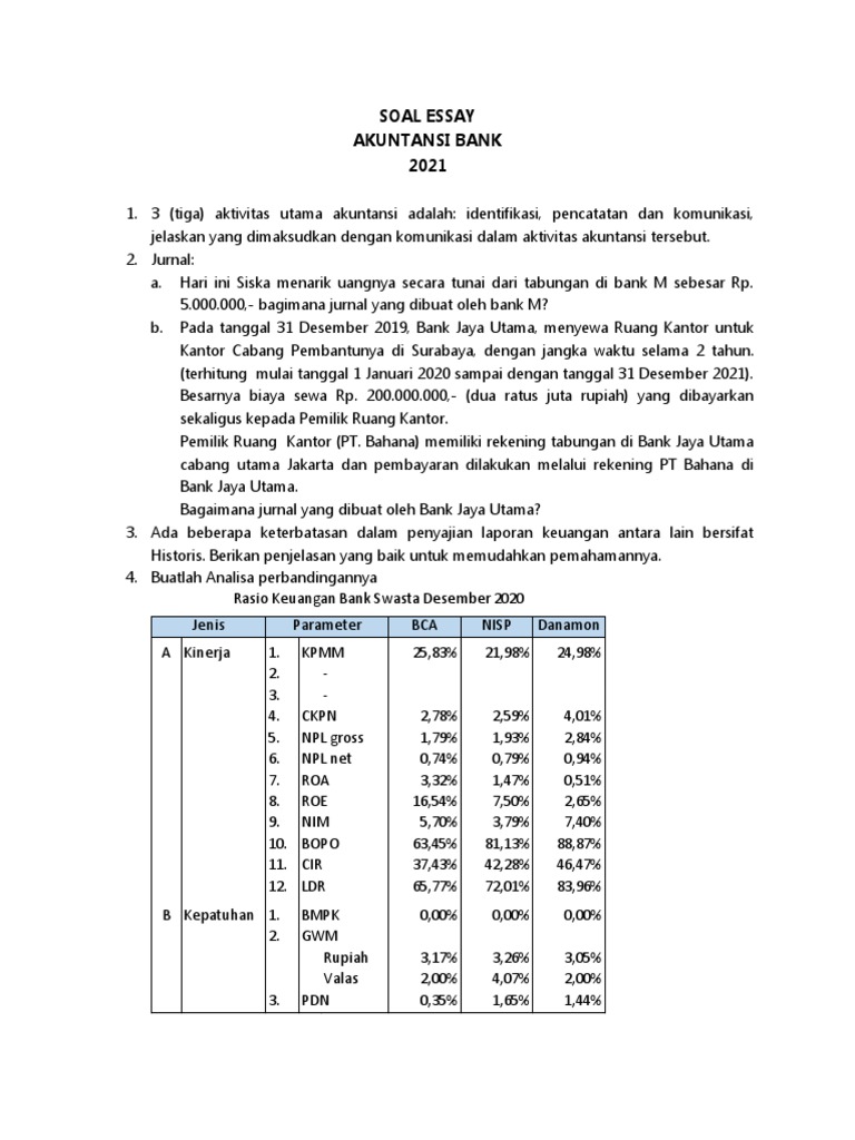 Soal Essay Akuntansi Bank Batch 2 - 2021 | PDF | Teknologi & Rekayasa