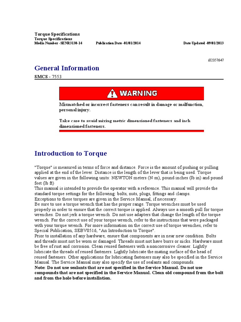 CAT Torque Specifications General Information | PDF | Screw ...