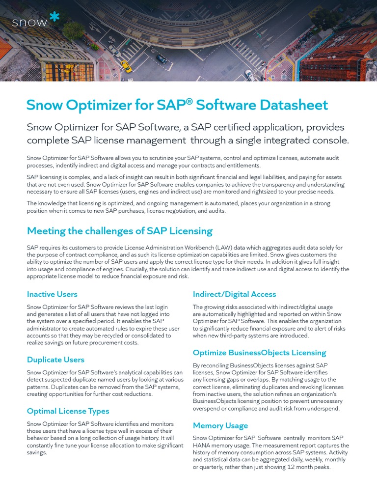 Snow Optimizer For SAP Software Datasheet | PDF | Cloud Computing | License