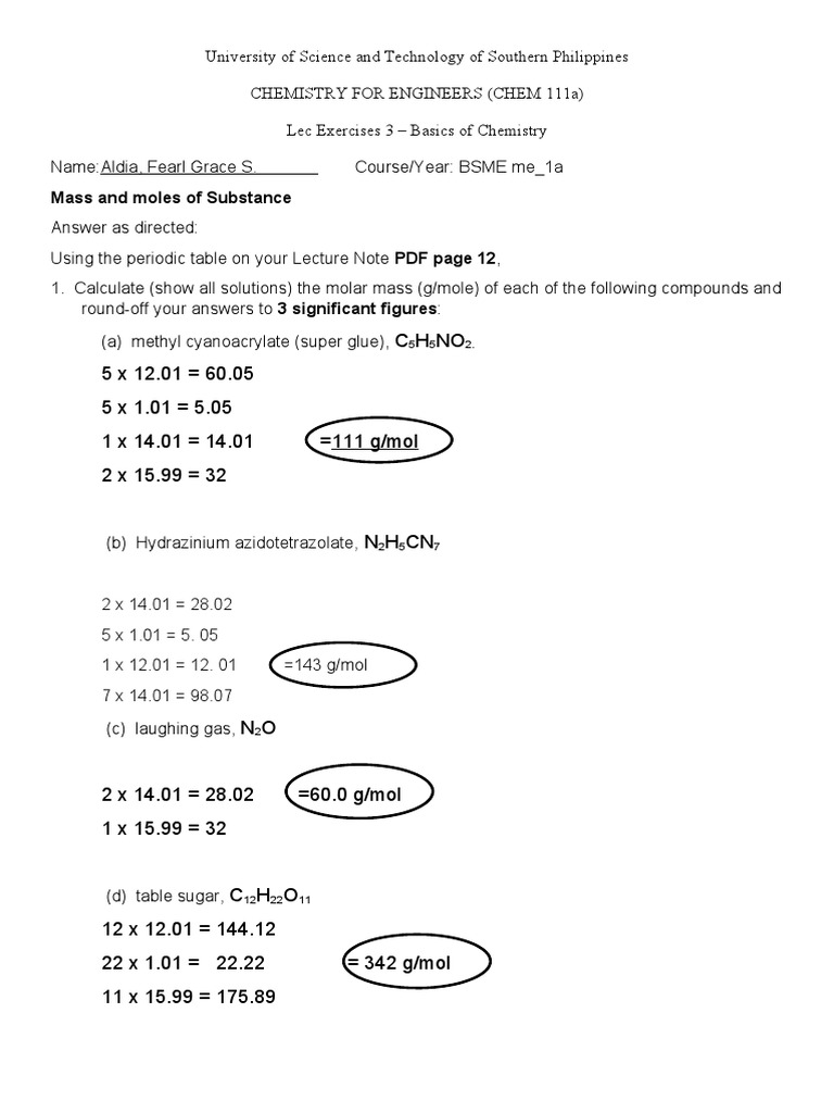 Lec Exercises 3 - Basics of Chemistry 1 - ALDIA | PDF | Mole (Unit ...