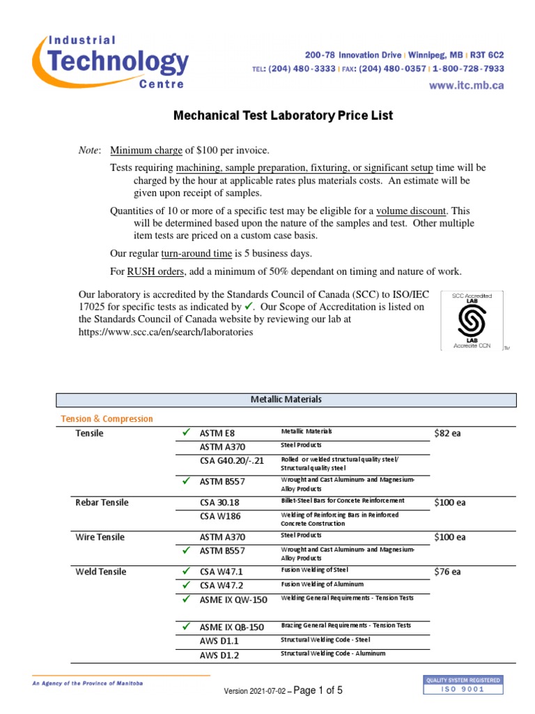 Mechanical Test Laboratory Price List: Tension & Compression | PDF ...