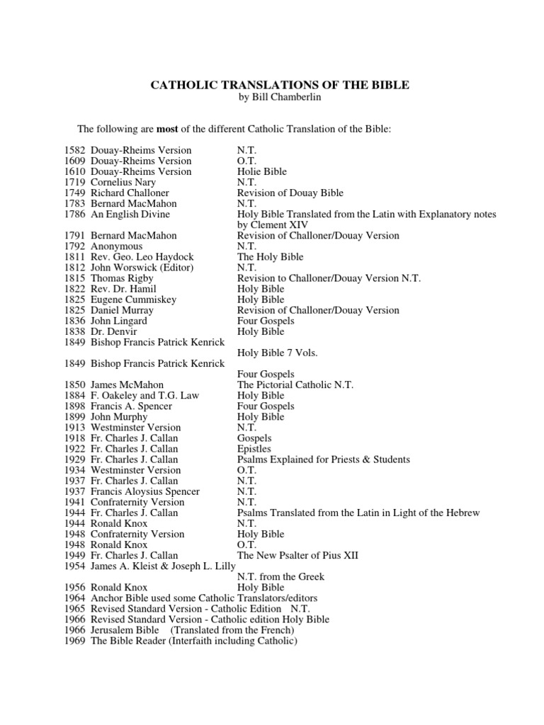 Overview of Catholic Bible Translations | PDF | Douay–Rheims Bible ...