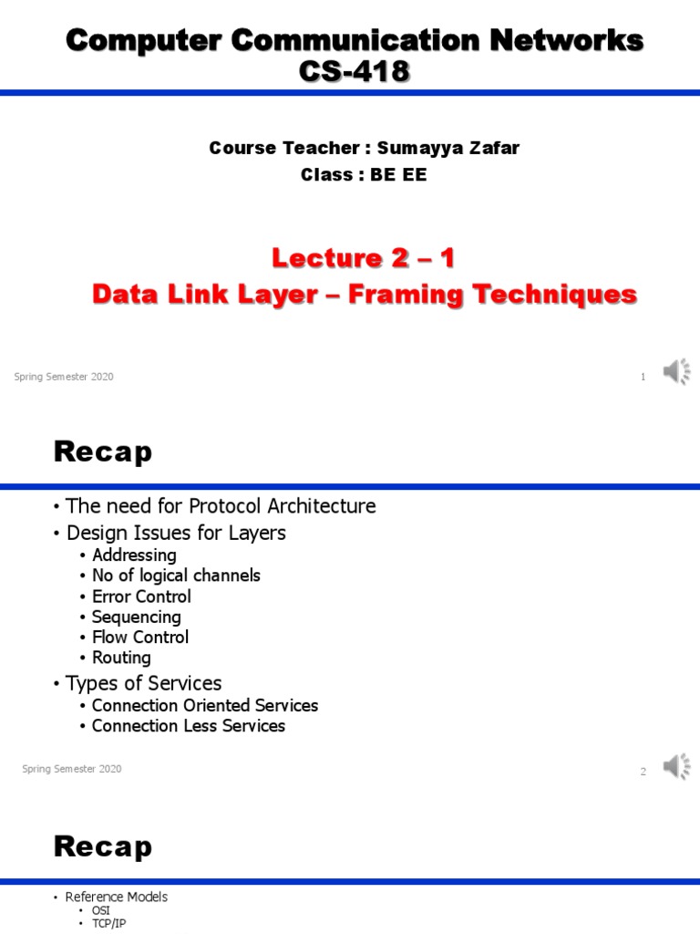 Computer Communication Networks CS-418: Lecture 2 - 1 Data Link Layer - Framing Techniques | PDF ...