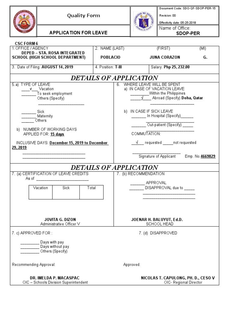 Details of Application: Quality Form | PDF