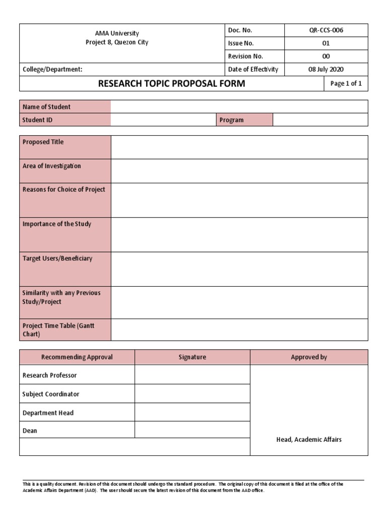 Research Proposal Form for AMA University Students | PDF