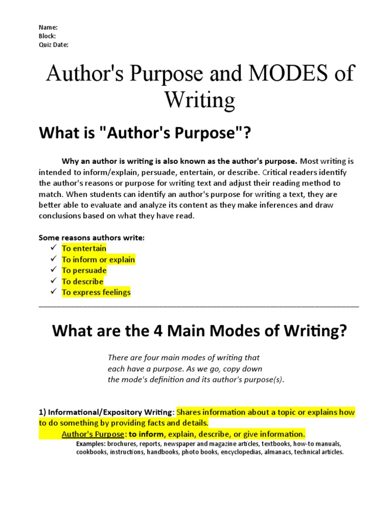 Authors Purpose Study Guide | PDF | Narrative | Writers