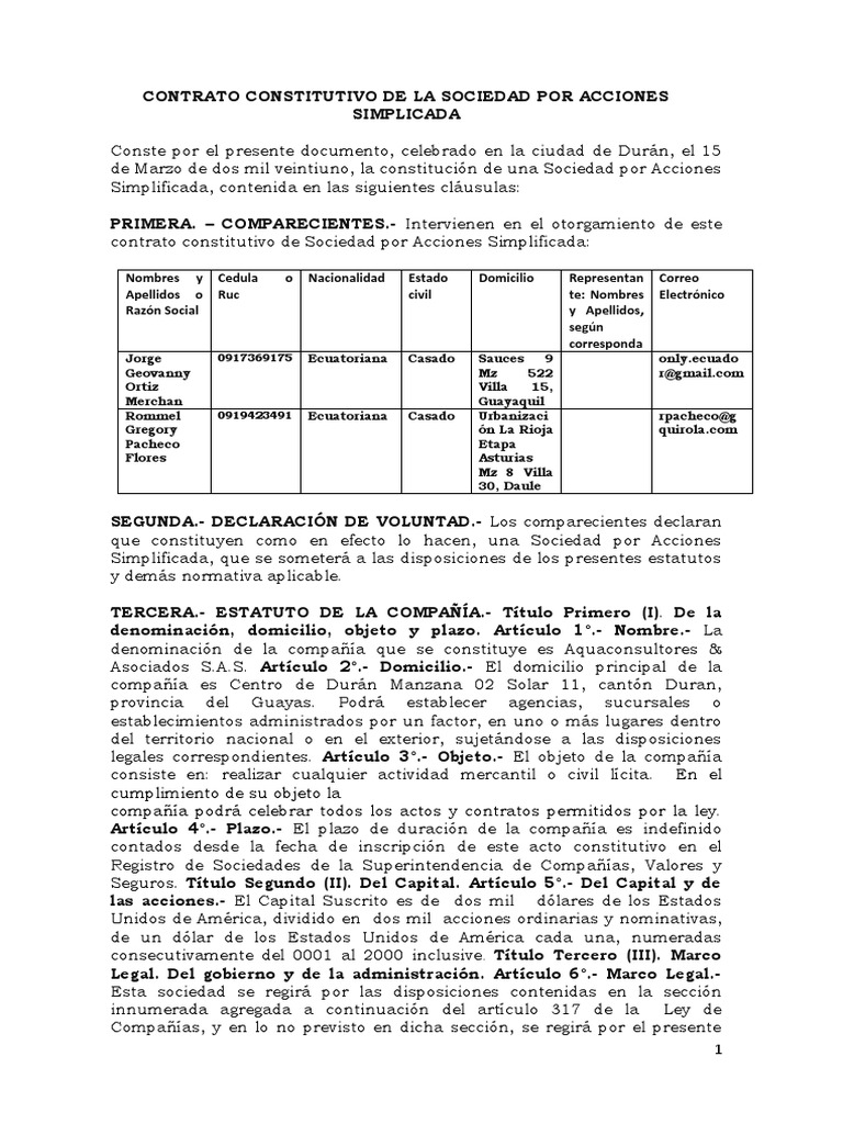 Modelo Contrato Constitutivo Sas | PDF | Sociedad de responsabilidad limitada | Business