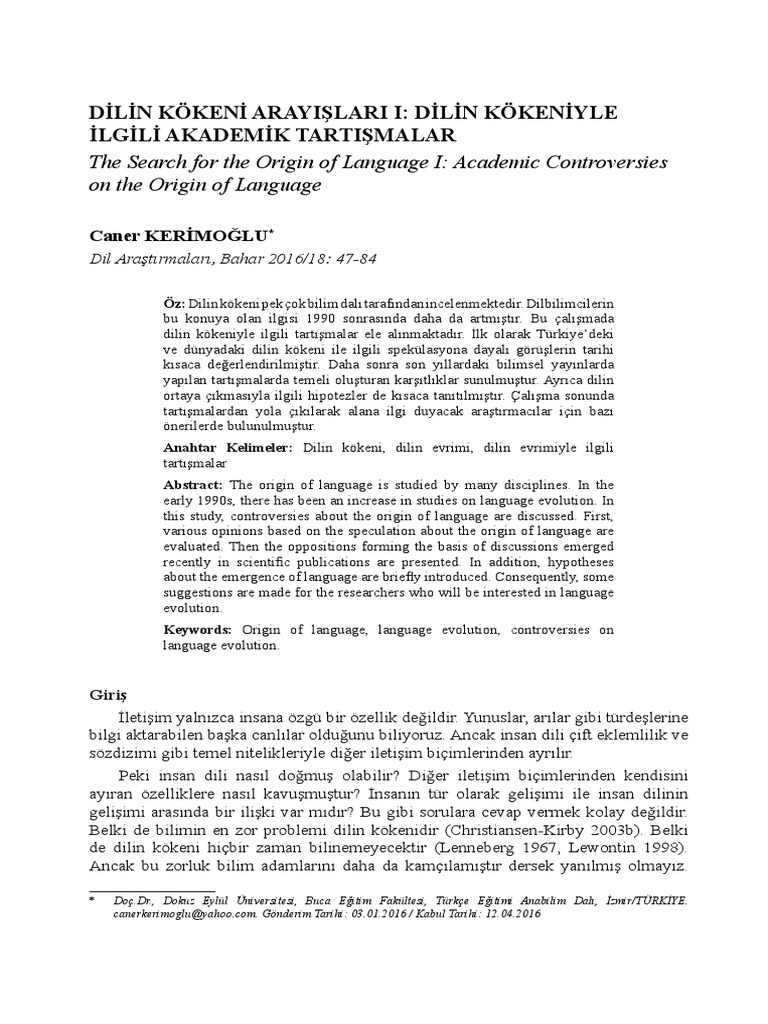 Dilin Kökeni Arayışları 1 - Dilin Kökeniyle İlgili Akademik Tartışmalar - Caner Kerimoglu | PDF