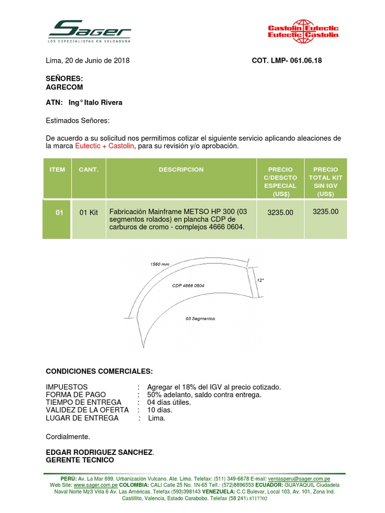 COT. LMP 061.06.18 - Mainframe Liners Chancadora Metso HP 300 | PDF