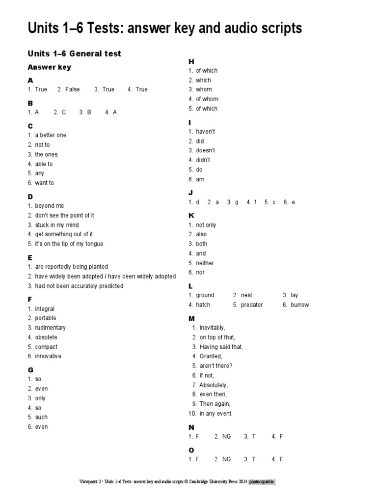 Units 1-6 Tests: Answer Key and Audio Scripts | PDF