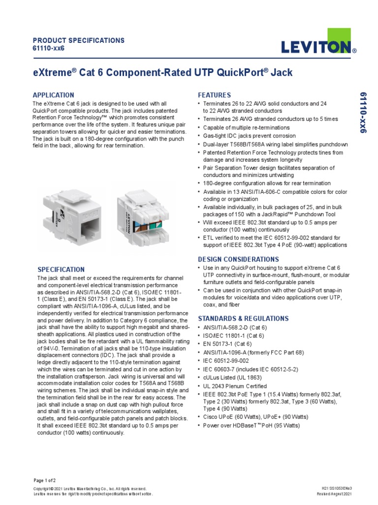 Extreme Cat 6 Component-Rated Utp Quickport Jack: Product ...