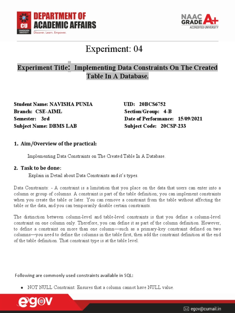 Experiment: 04: Experiment Title Implementing Data Constraints On The Created Table in A ...