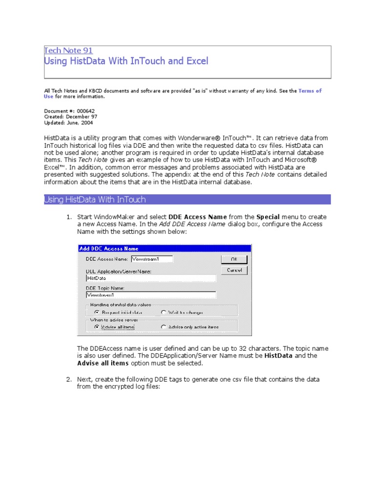 Tech Note 91 - Using HistData With InTouch and Excel | PDF | Microsoft Excel | Computer File