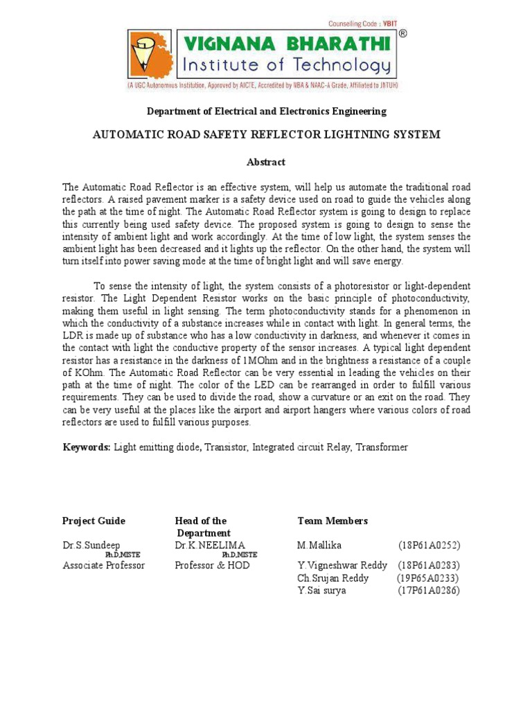 Automatic Road Safety Reflector Lightning System: Department of ...