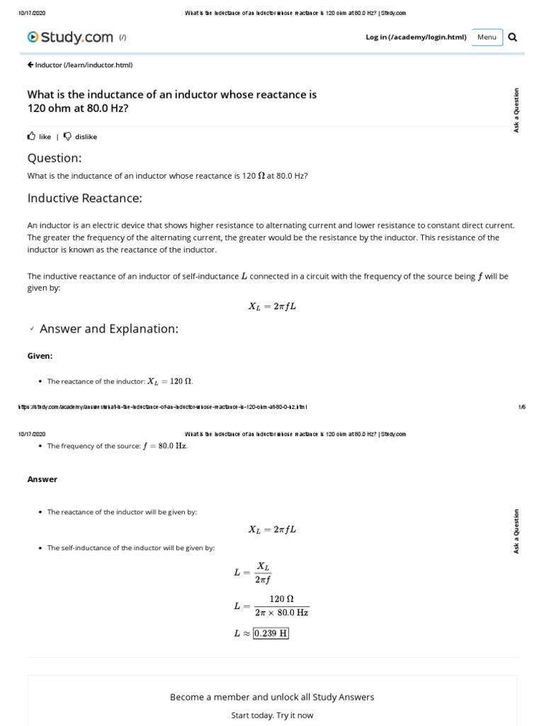 What Is The Inductance of An Inductor Whose Reactance Is 120 Ohm at 80.0 HZ | PDF | Inductor ...