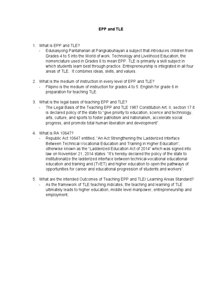 Understanding EPP and TLE in Education | PDF