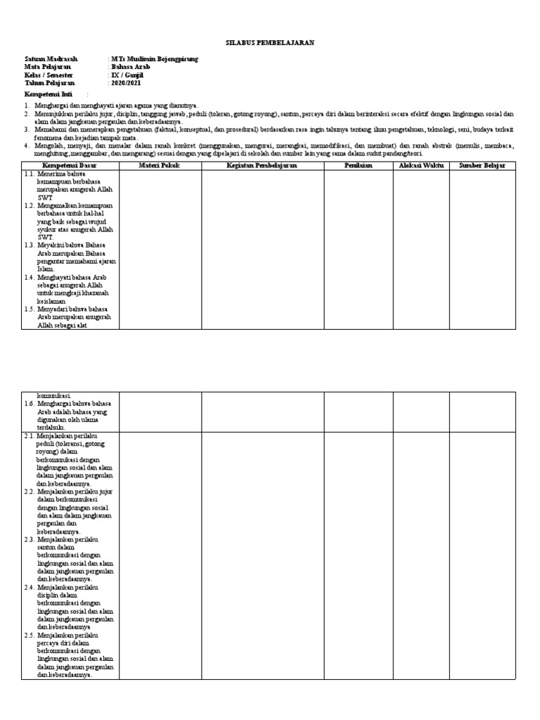 Silabus Bahasa Arab Kelas IX Semester Ganjil | PDF