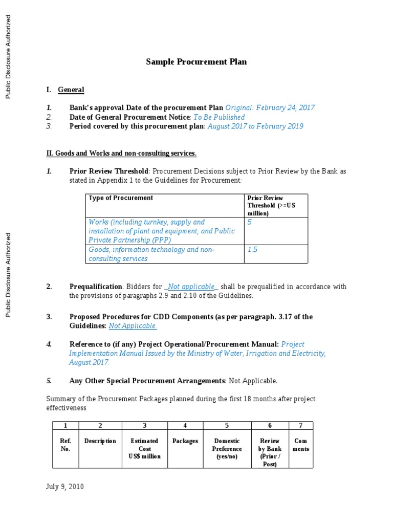 Sample Procurement Plan: Stated in Appendix 1 To The Guidelines For ...
