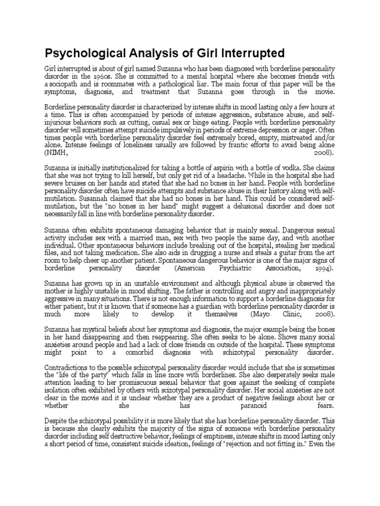 Psychological Analysis of Girl Interrupted | PDF | Borderline ...