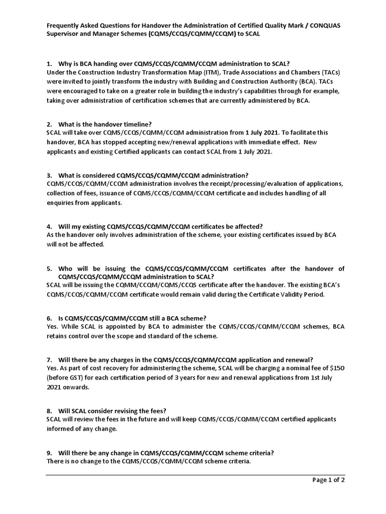 FAQ For Handover CONQUAS QM Manager Supervisor Administration To SCAL ...