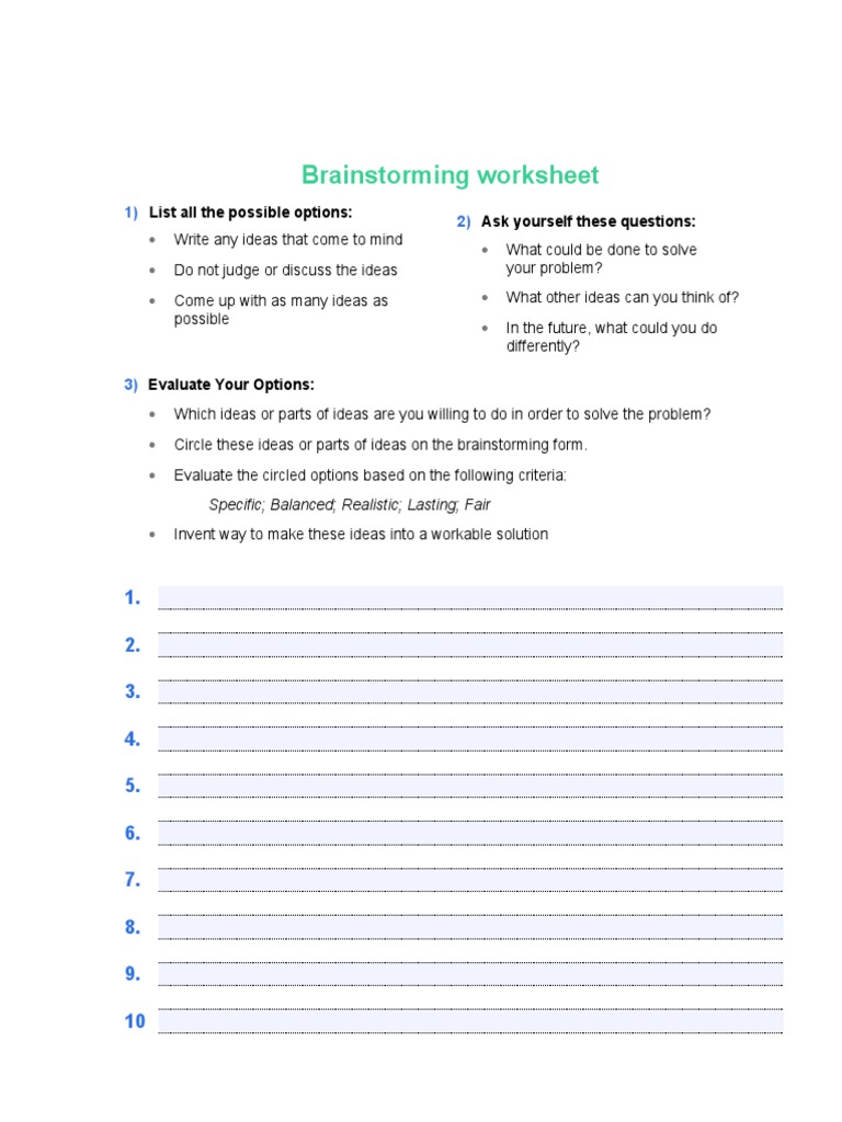 Brainstorming Worksheet: List All The Possible Options: Ask Yourself ...