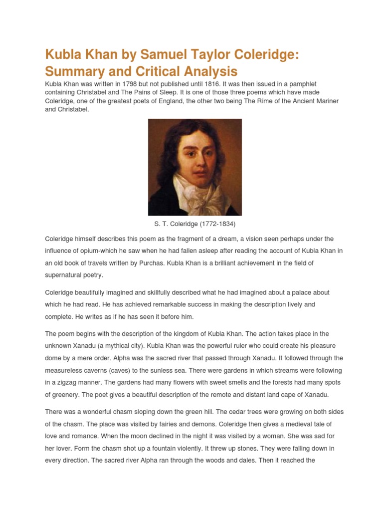 Kubla Khan by Samuel Taylor Coleridge: Summary and Critical Analysis | PDF