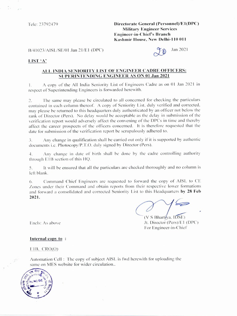 ALL INDIA SENIORITY LIST OF ENGINEER CADRE OFFICERS SUPERINTENDING ...
