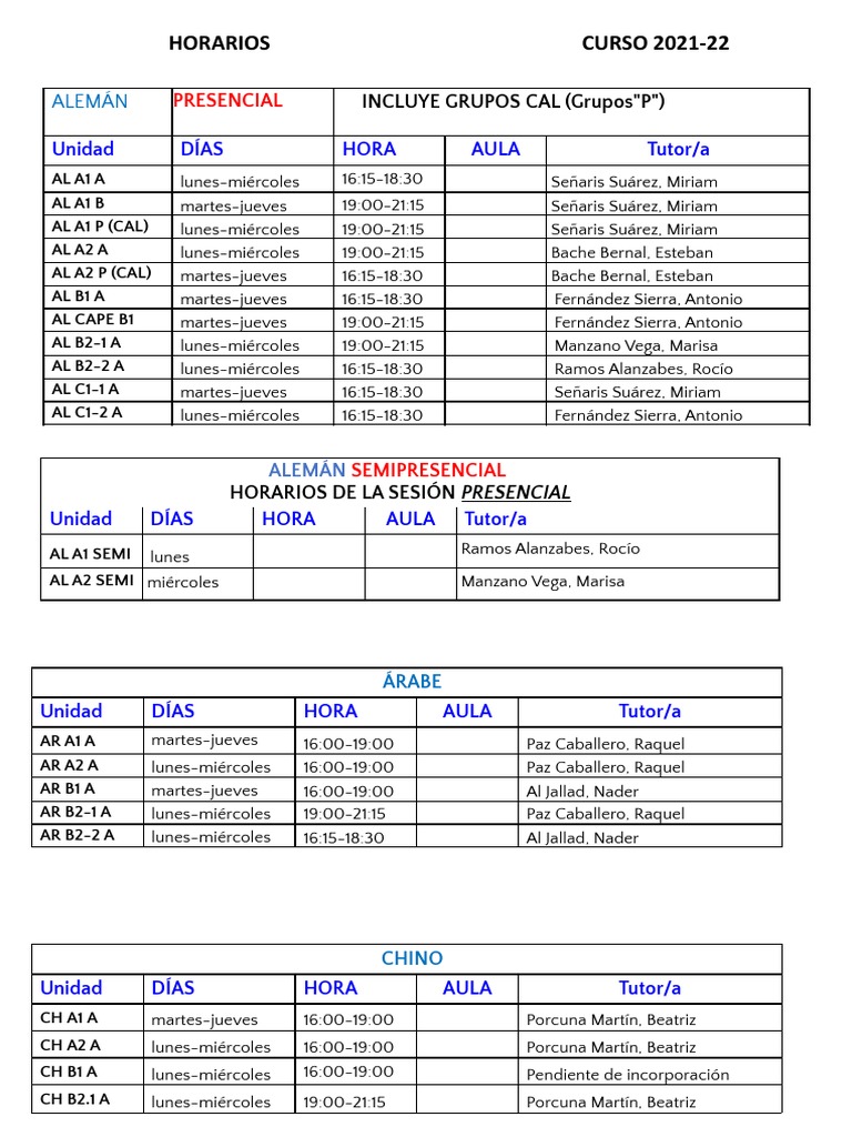 Listado General Horarios 21-22 | PDF
