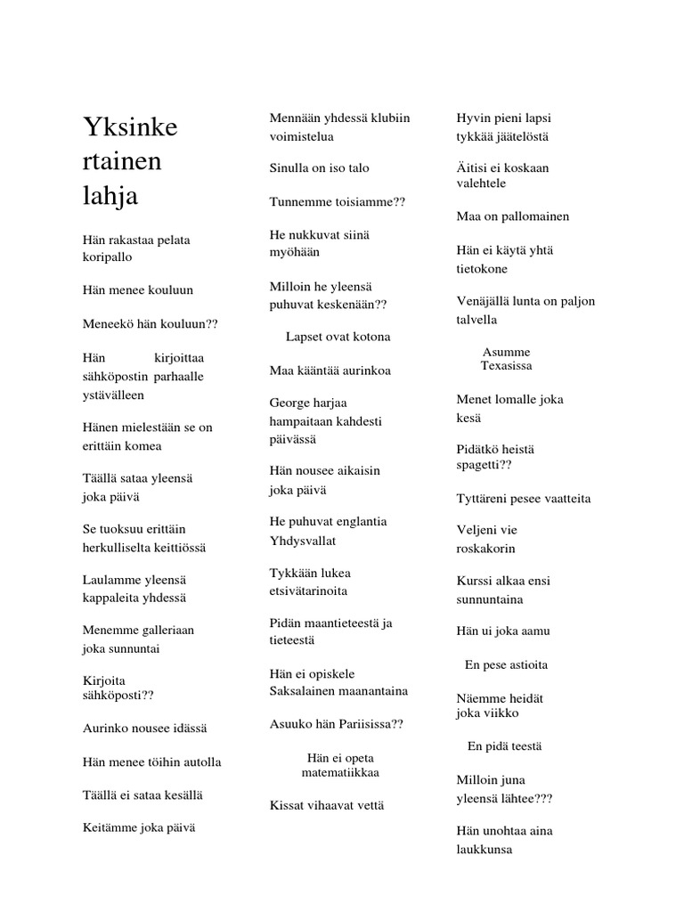 ALL TENSES Sentences FINNISH | PDF